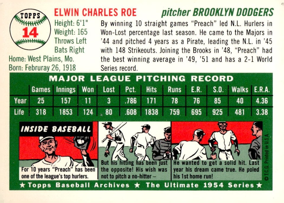 1994 Topps Archives 1954 #14 Preacher Roe | eBay