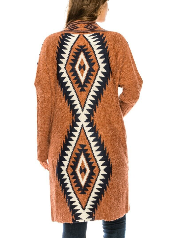 Boho Aztec Tribal Southwestern Print Knit Cardigan Sweater Duster Top S ...