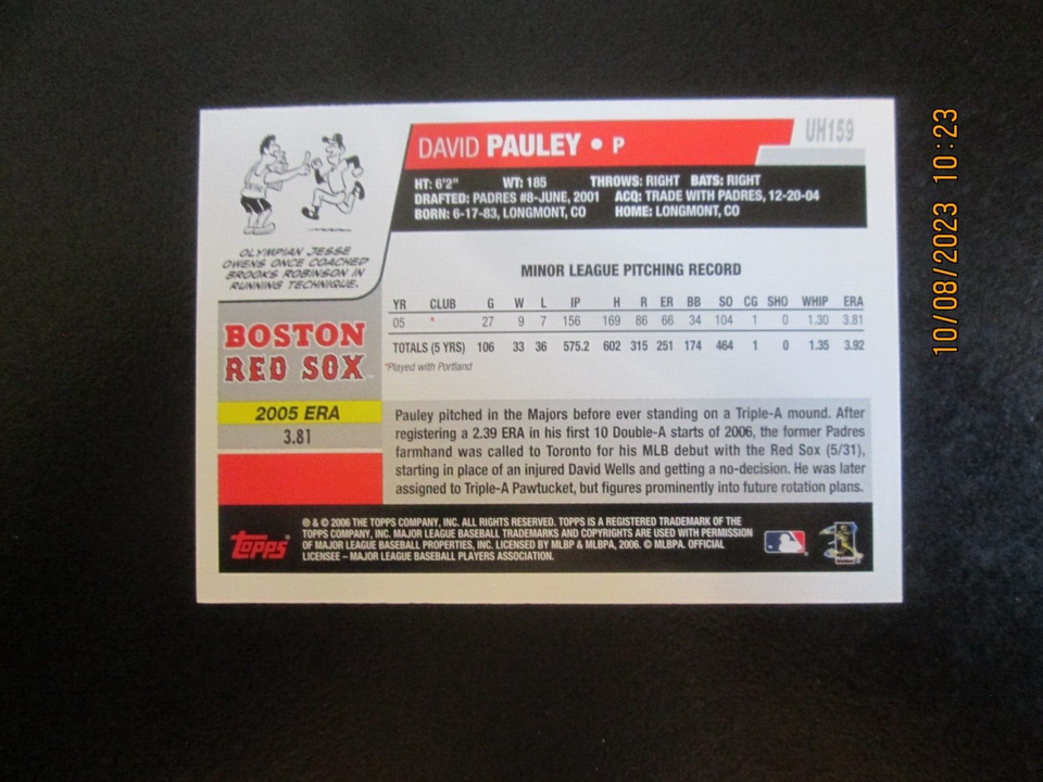 DAVID PAULEY RED SOX 2006 TOPPS UPDATE & HIGHLIGHTS ROOKIE CARD #UH159 ...