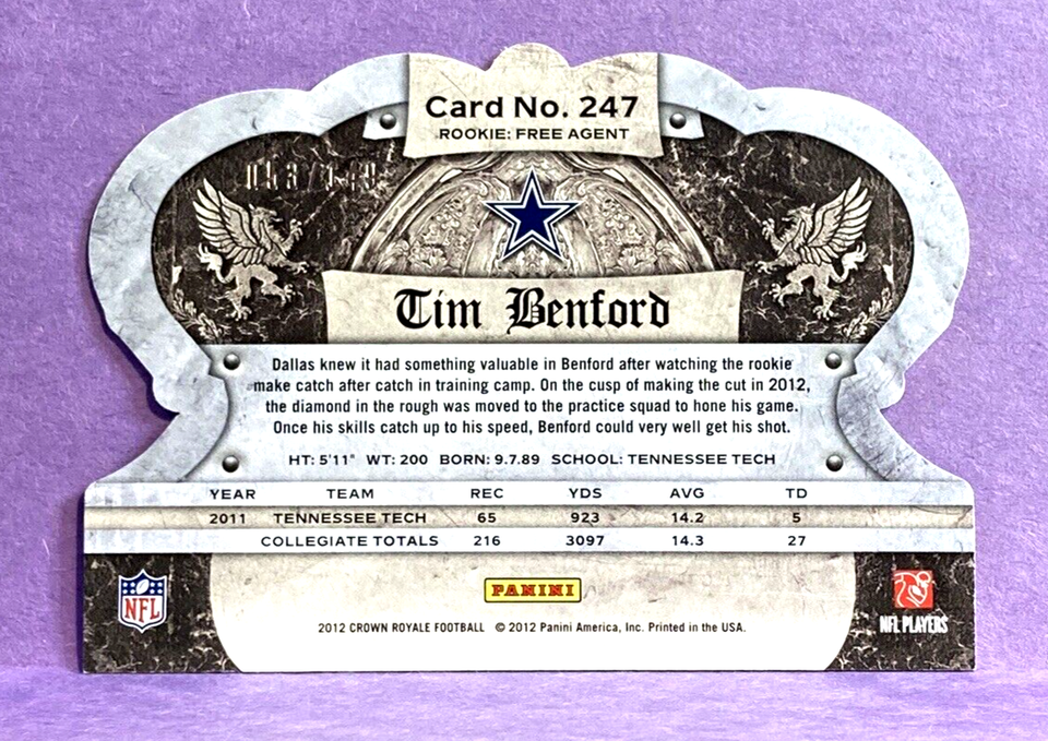 2012 Crown Royale TIM BENFORD Silver Holo-Foil /149 Rookie RC Card #247 ...