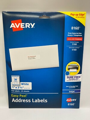 Lot of 2 - Avery 8160 White Easy Peel Address Labels Inkjet 750 Labels ...