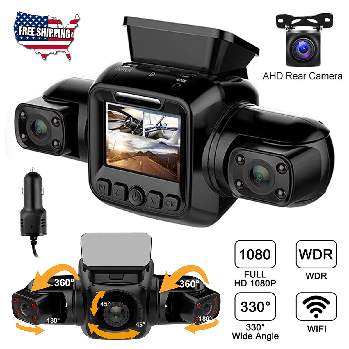 4 Channel Dash Cam 360° Panoramic Driving Recorder HD Car Cameras Night ...