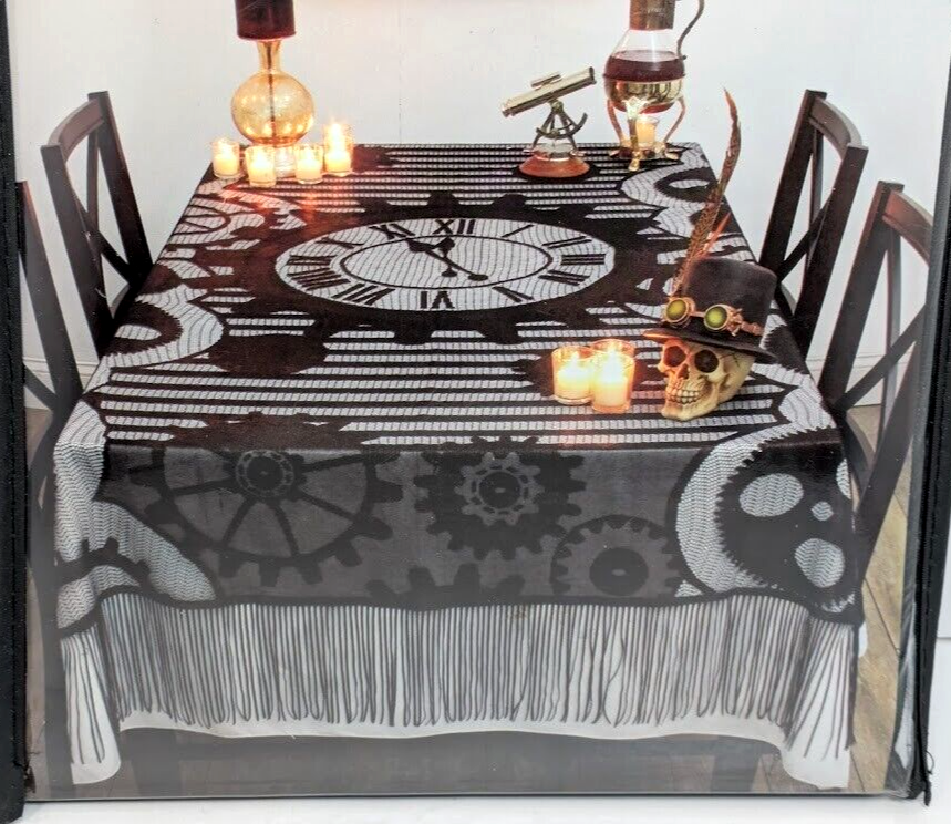 Steampunk Tablecloth Black Lace Fringe Clock Gears Cogs 60x84 Spirit ...