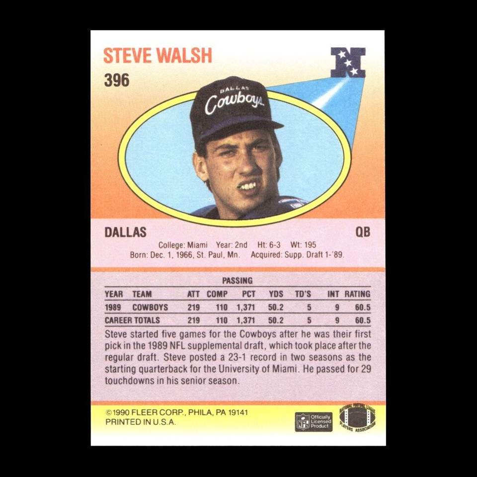 Steve Walsh 1990 Fleer Dallas Cowboys #396 R325D 98 | eBay