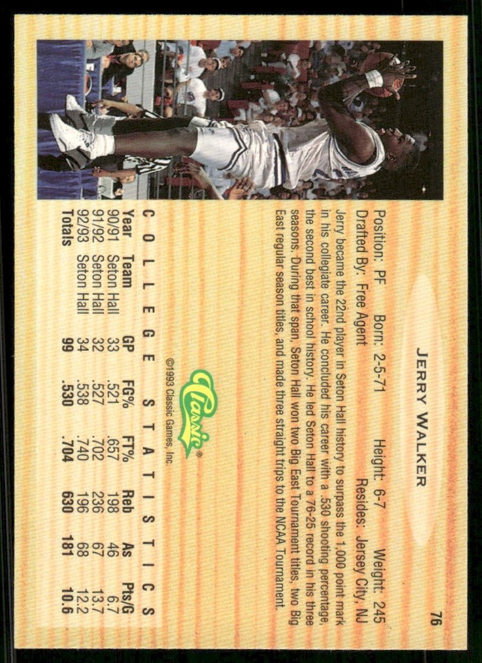 Jerry Walker 1993 Classic Draft Picks Basketball #76 - Seton Hall ...