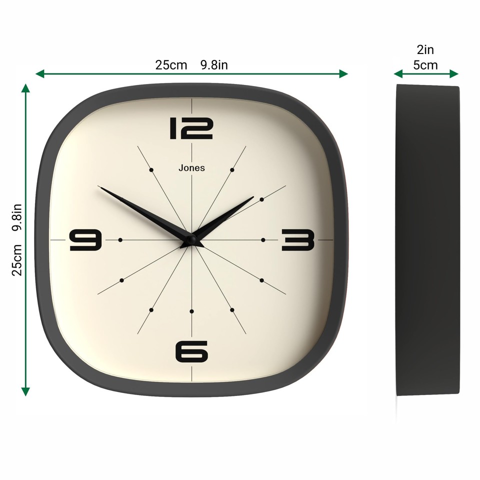 ® Pulsar Wall Clock | Retro Rounded Square Clock | 10 inch | Dark Grey ...