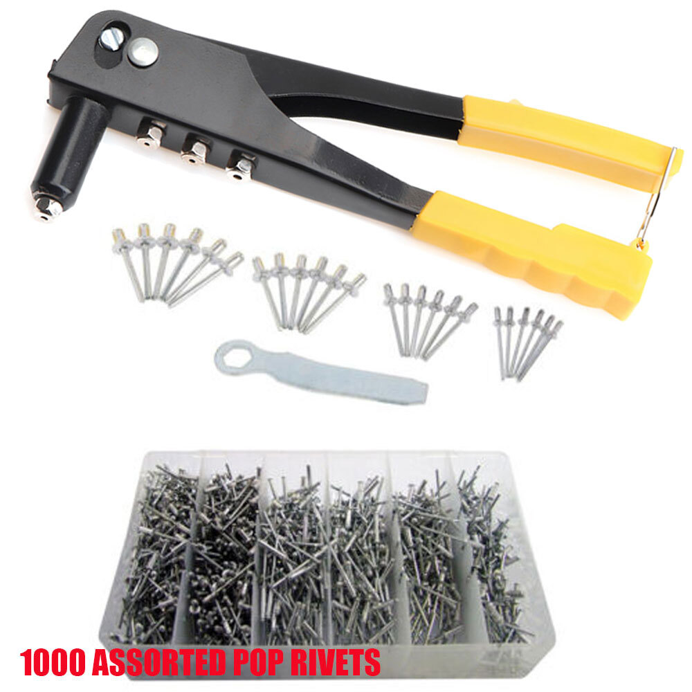 HEAVY DUTY HAND RIVET GUN 4 HEAD NOZZLE RIVETER PLUS 1000 ASSORTED POP ...