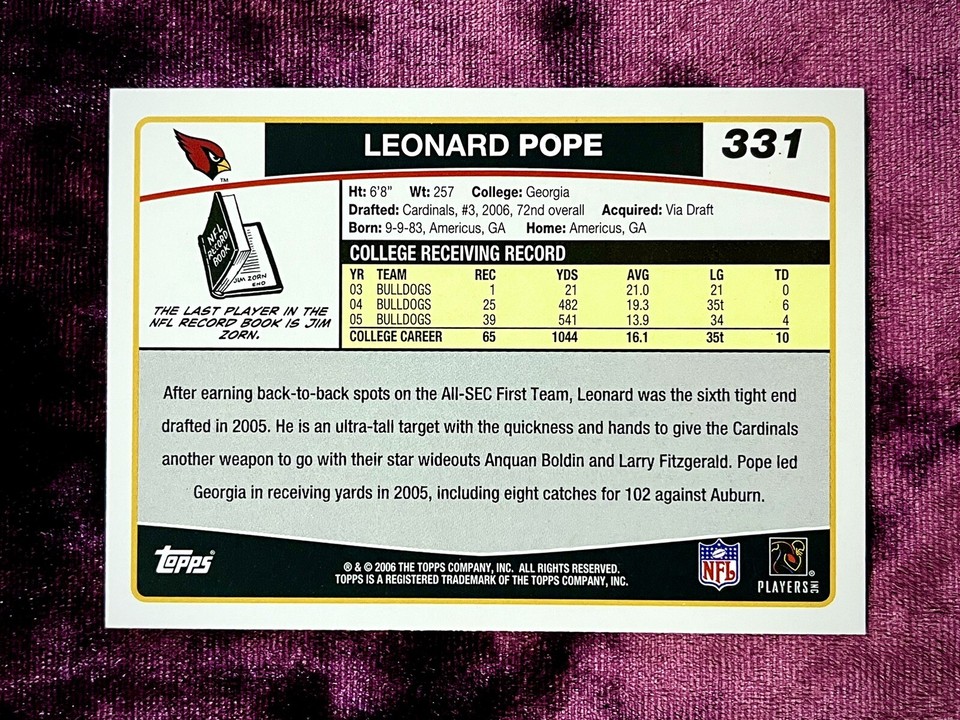Leonard Pope 2006 Topps RC #331 MINT Cardinals Rookie Jersey Georgia ...