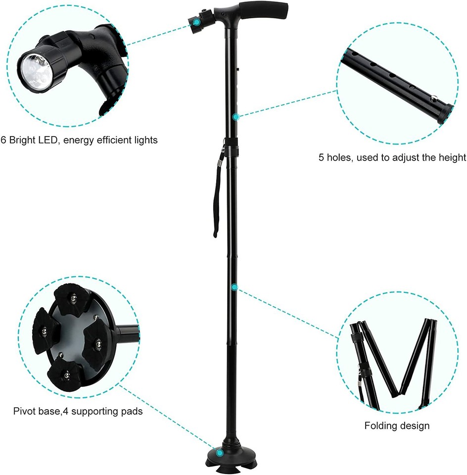 LED Walking Stick Cane Safety All Terrain Pivoting Base Folding Cane ...