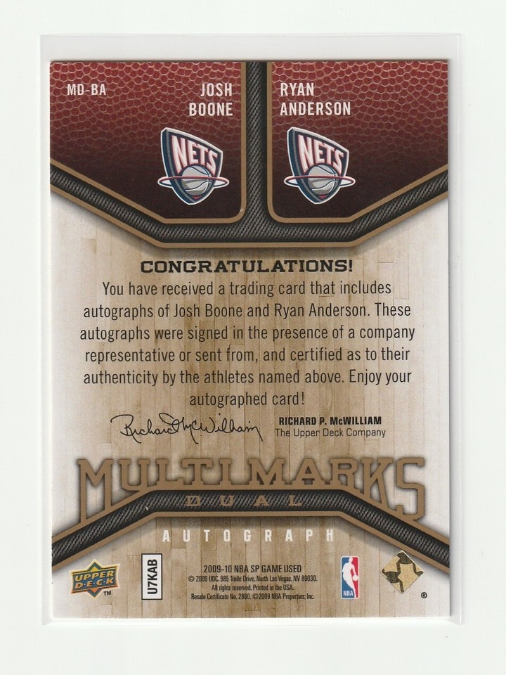 JOSH BOONE RYAN ANDERSON 2009 SP Game Used Multi Marks Dual AUTO ...