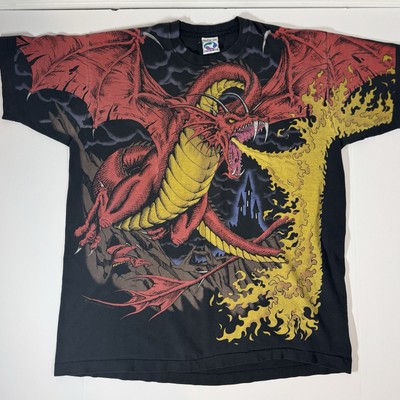 Vintage Liquid Blue Dragon Fire & Knight All Over Print Shirt XXL *RARE ...