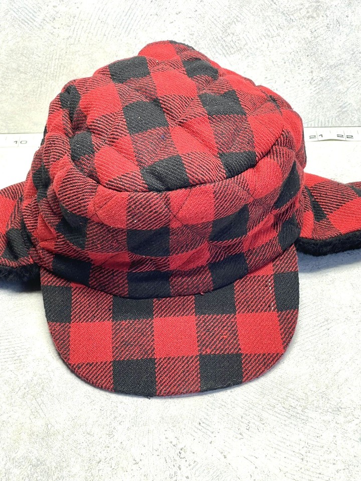 THINSULATE 40G PLAID EAR FLAP HUNTERS HAT CAP RED CHECKERED Adjust Chin ...