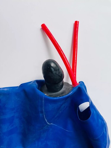 Blue Latex Hood w/ 15cm Red Nose Tubes & Teeth Gag & Back zip 0.4mm ...