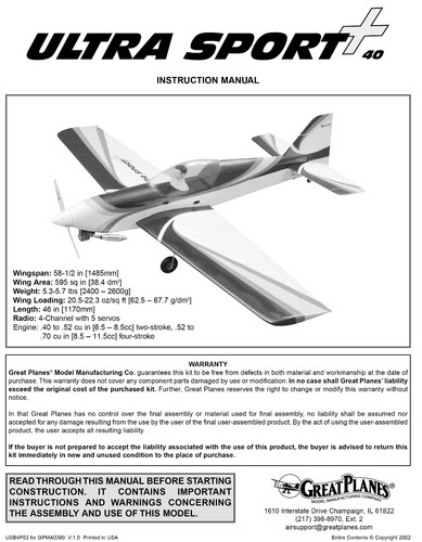 Great Planes Model Airplane Plans (RC): ULTRA SPORT+ 40 58½" for .40 ...