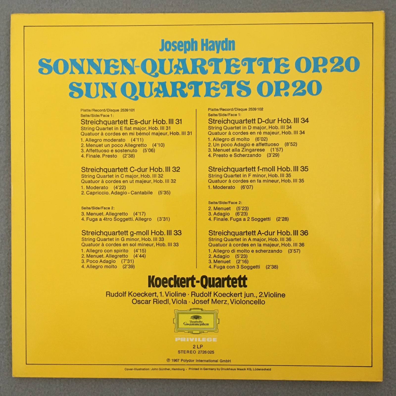 J704 Haydn Sun Quartets Op.20 Koeckert Quartet 2LP DGG 2726 025 Stereo ...