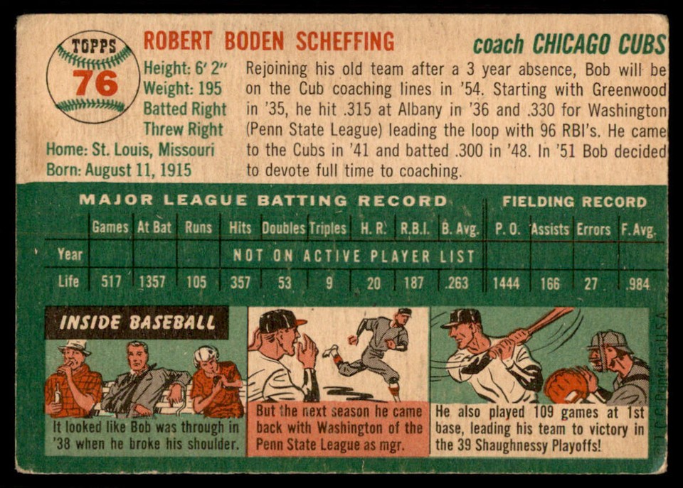 1954 Topps #76 Bob Scheffing Coach (minor crease & surface wear) | eBay
