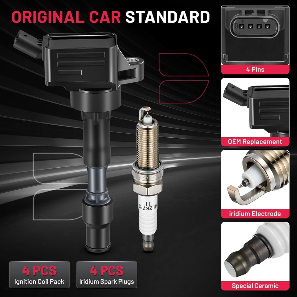 4 Pack Ignition Coil & Spark Plugs For Hyundai Accent Veloster Kia Rio ...