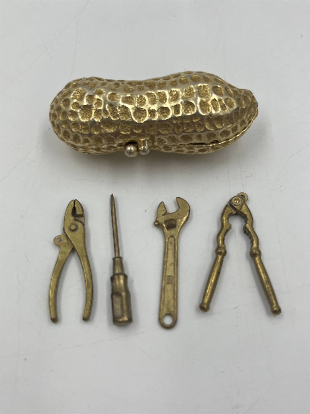 Vintage Intercast 6 Pc Miniature Tools & Gold Plated Peanut Trinket Box ...