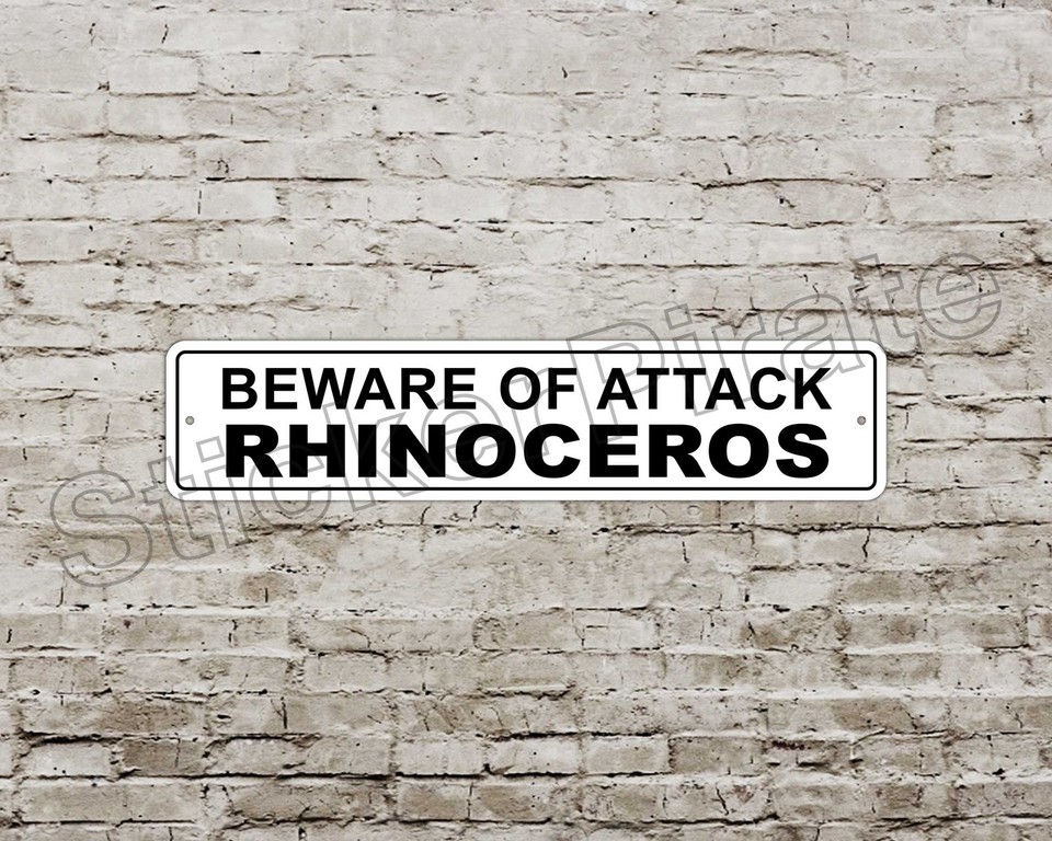 *Aluminum* Beware Of Attack Rhinoceros 4" x 18" Funny Metal Novelty ...