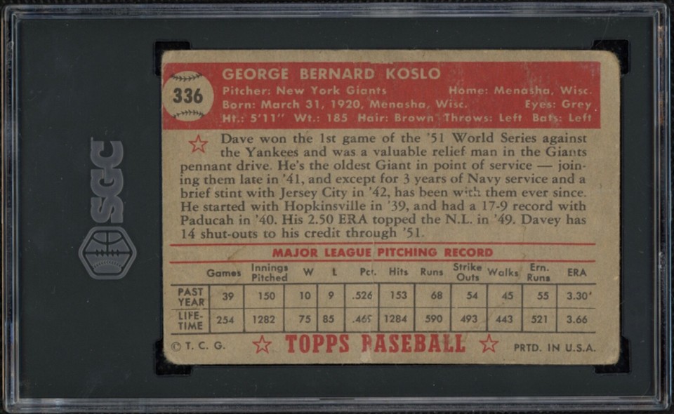 1952 Topps #336 Dave Koslo ^^ New York Giants ** HIGH Number ** SGC 1 ...