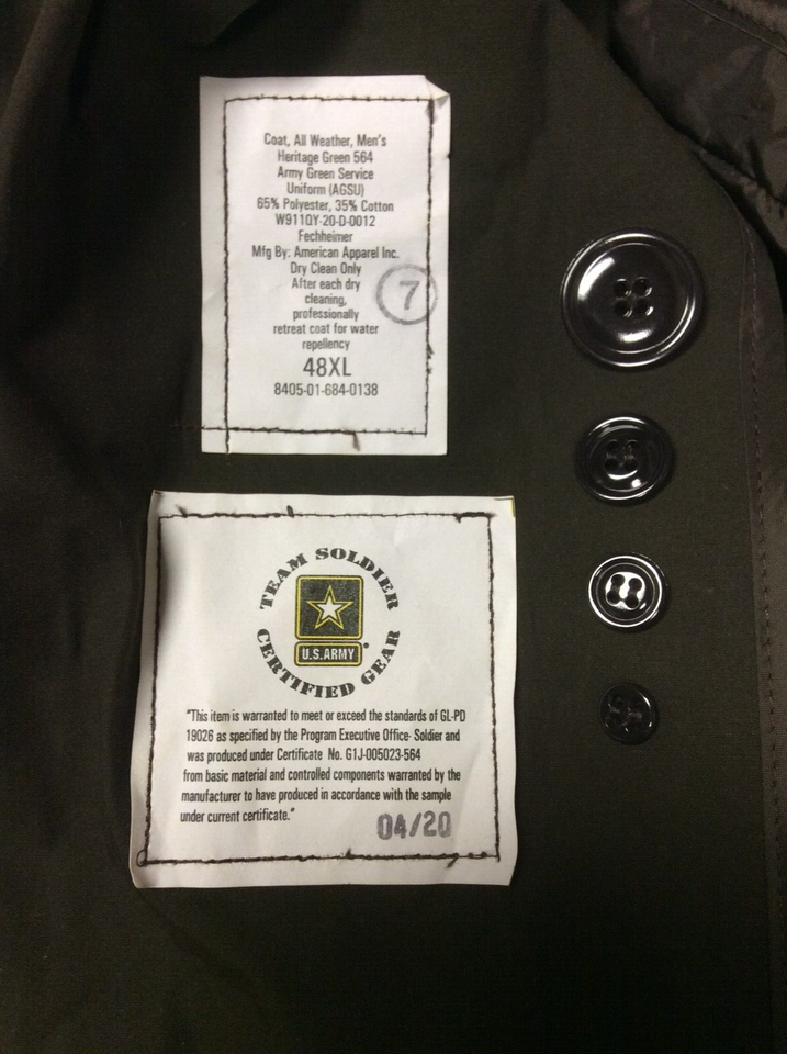 Coat All Weather Service Uniform Heritage Green 564 Men's AGSU SZ 48 XL ...