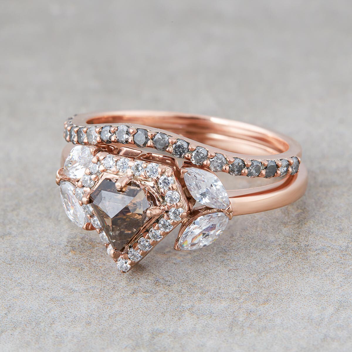 Pentagon Natural Salt and Pepper Diamond and Moissanite Engagement Ring ...