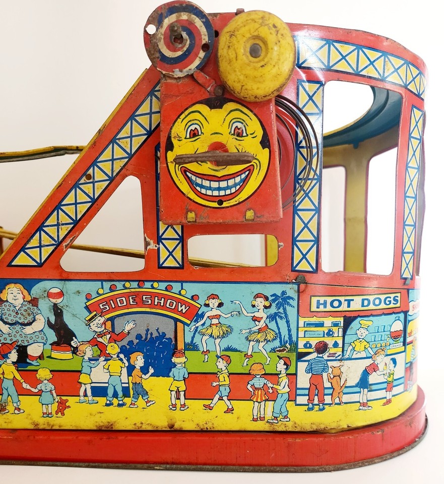 1940-50s J. Chein Tin Litho Wind Up Rollercoaster Toy Antique Circus ...