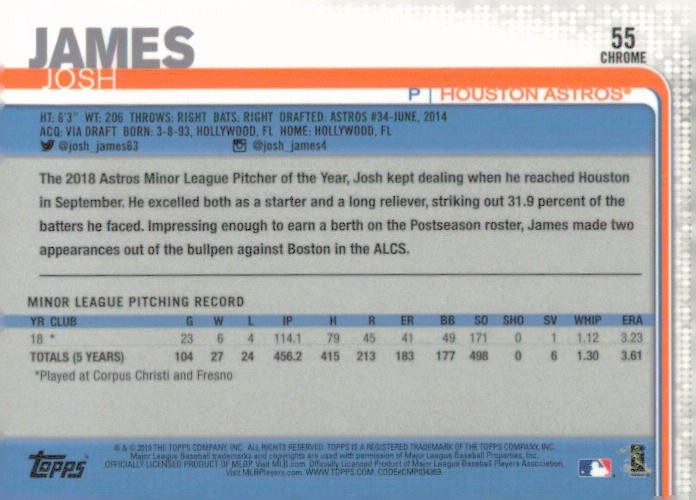 2019 Topps Chrome #55 Josh James RC Houston Astros Baseball Card | eBay