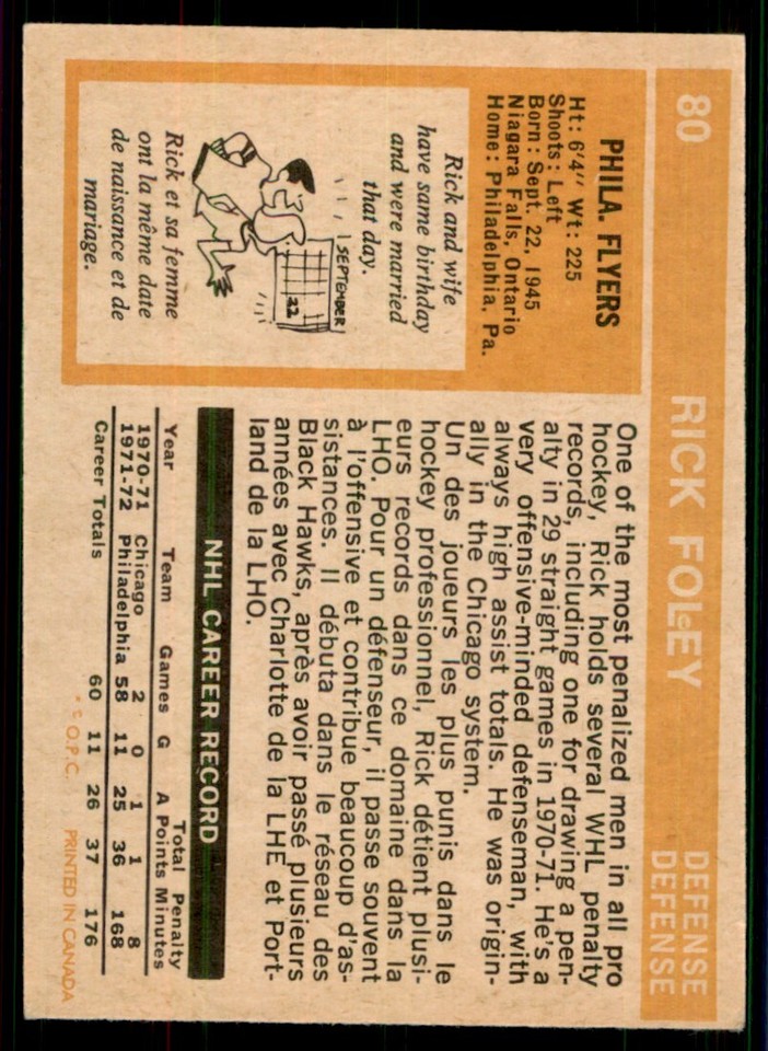 1972-73 O-Pee-Chee Rick Foley RC Philadelphia Flyers #80 | eBay