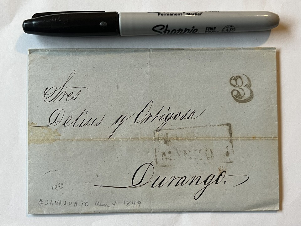 1849 GUANAJUATO MEXICO FOLDED LETTER STAMPLESS COVER SENT TO DURANGO ...