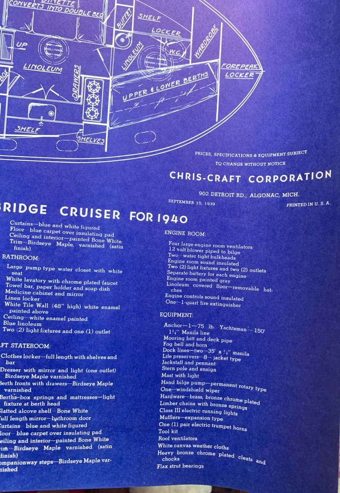 NOS 1939 Chris Craft Blueprint for 1940 48' Double Cabin Enclosed ...