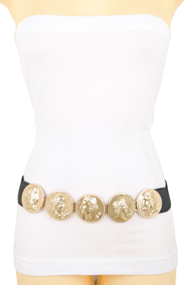 Women Black Elastic Gift Present Belt Gold Metal Greek Medallion Coin ...