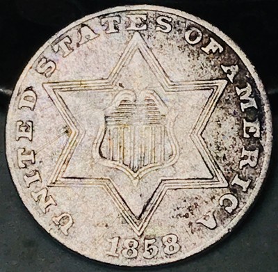 1858 Three Cent Silver Piece Trime 3c Type 2 Ungraded US Coin CC26245 ...