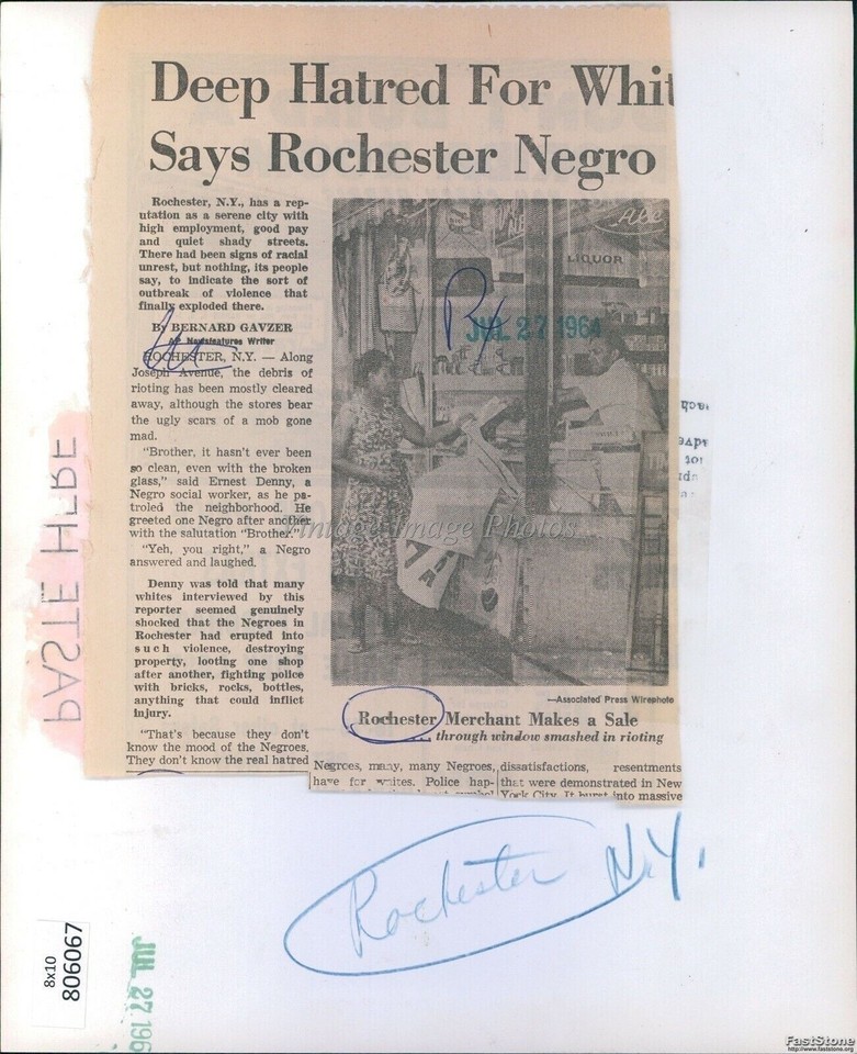 1964 Thomas Zambito Merchant Rochester Smashed Window Riots Wirephoto ...