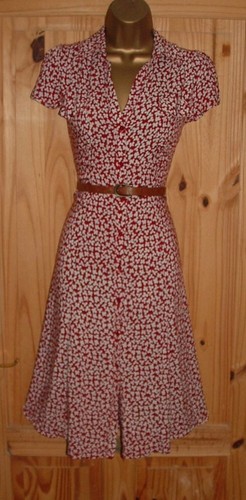 Red white floral vintage WW2 40s 50s repro party tie shirt tea dress ...