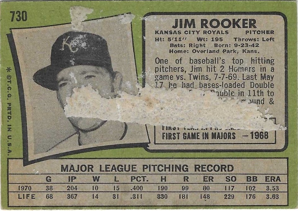 1971 TOPPS - #730 JIM ROOKER (ROYALS)!! TOUGH HIGH NUMBER! GREAT CARD ...