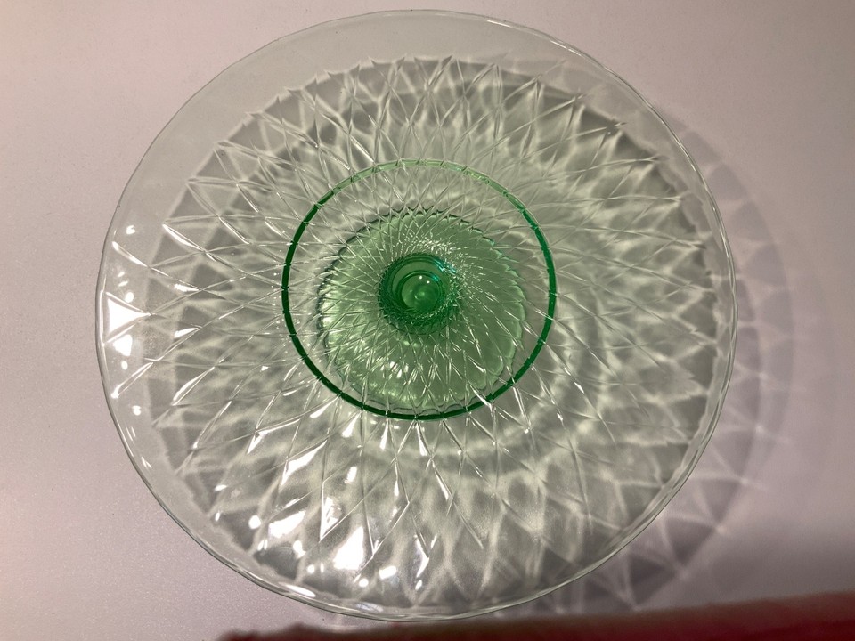 green depression glass cake plate diamond pattern uranium glows 1920 ...