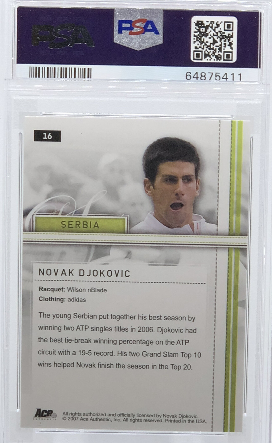 💥NOVAK DJOKOVIC ROOKIE CARD 2007💥ACE AUTHENTIC STRAIGHT SETS ROOKIE💥PSA ...