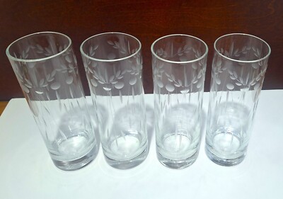 Vintage Etched Crystal Collins Highball Glasses Leaves Dots Set 4 - 16 ...