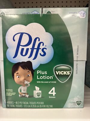 *4 Packs* PUFFS PLUS Lotion with VICKS Tissues, 4 Cubes, 48 Tissues per ...
