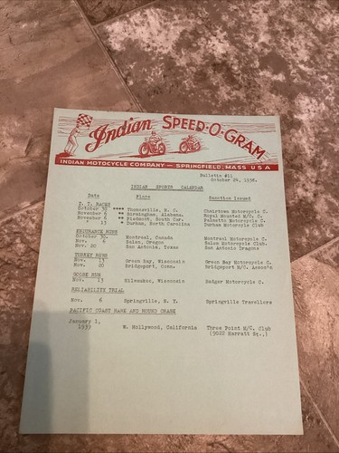 Antique 1938 Indian Motorcycle Speed O Gram Single Sheet Of Paper Race ...