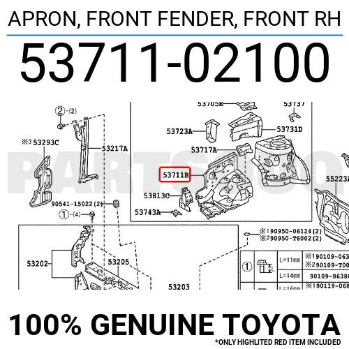 5371102100 Genuine Toyota APRON, FRONT FENDER, FRONT RH 53711-02100 | eBay