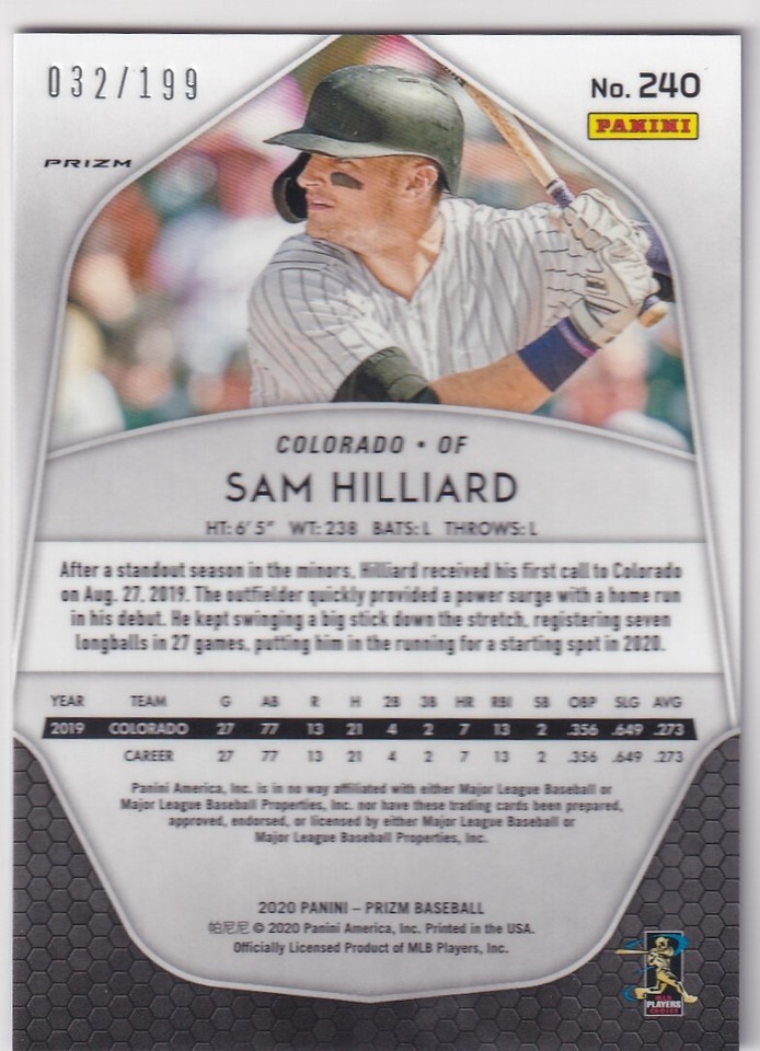 2020 PRIZMS BLUE CIRCLES /199 RC SAM HILLARD COLORADO ROCKIES PRIZM ...