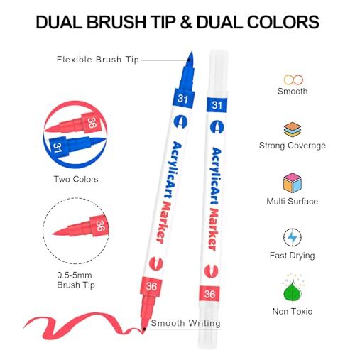 48 Colors Dual Tip Dual Color Acrylic Paint Pens Markers，Seamless Color ...