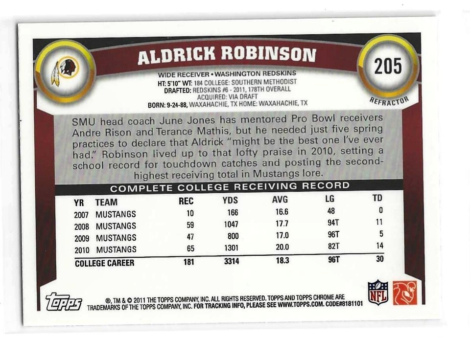 ALDRICK ROBINSON 2011 TOPPS CHROME XFRACTOR ROOKIE RC REDSKINS $1.99 ...