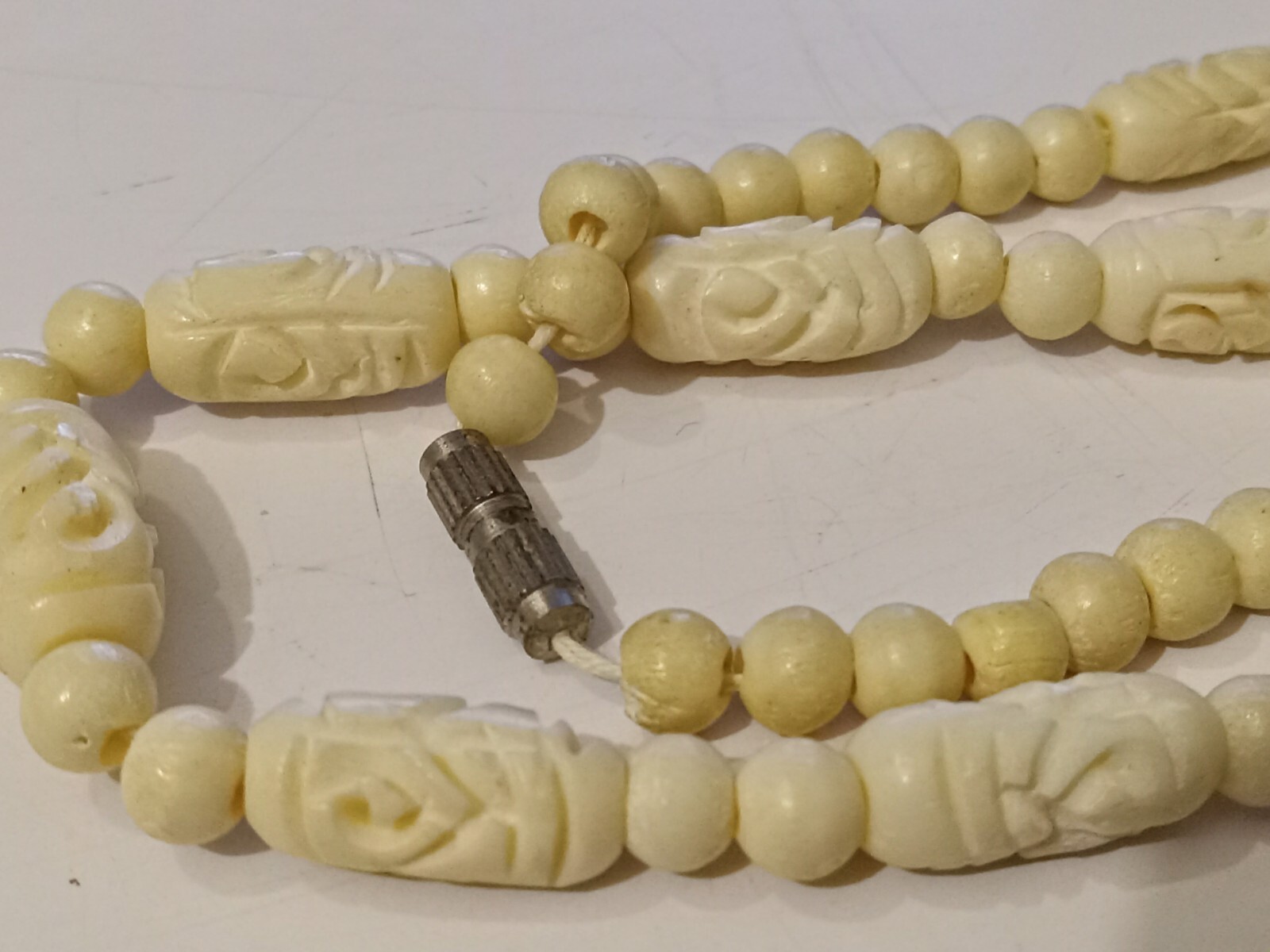 Vintage Carved Cow Bone Bead Necklace - Gem