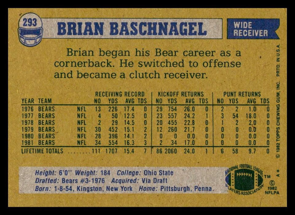 1982 Topps #293 Brian Baschnagel Chicago Bears Football Card EX/NM | eBay