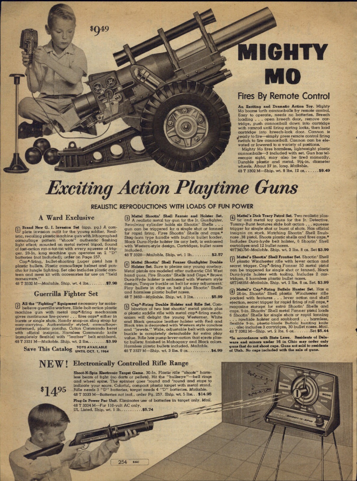 1964 PAPER AD 2 PG COLOR Mighty Mo Cannon Rifle Range Mattel Toy Gun ...