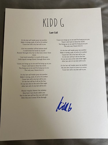 Kidd G signed autograph Lyric Sheet Last Call young star RARE PROOF