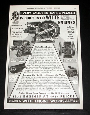 1931 OLD MAGAZINE PRINT AD, WITTE ENGINES, EVERY MODERN IMPROVMENT IS ...
